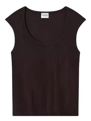 Closed Ribbed Cap-sleeve T-shirt - Brown