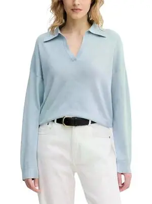 BENETTON V-neck Polo-collar Fine Knit Sweater - Blue