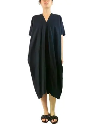 DOSA V-neck Short-sleeve Linen Midi Dress - Blue