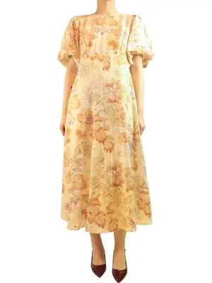 ALEMAIS Floral Print Puff Sleeve Midi Dress - Neutrals
