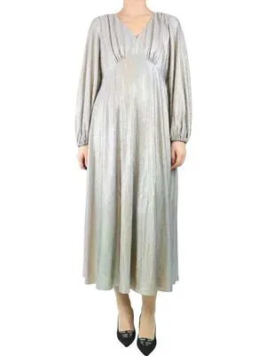WYse Crinkle Metallic V-neck Long Sleeve Dress - Silver