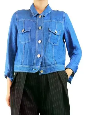 BRORA Cropped Linen Jacket With Contrast Stitching - Blue