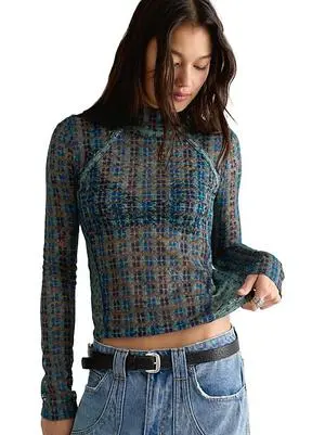 Free People Lyric Sheer Lace Long Sleeve Turtleneck Top - Navy Combo