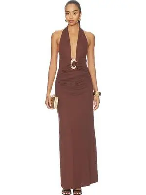 RUNAWAY THE LABEL Arina Halter V-neck Maxi Dress - Brown
