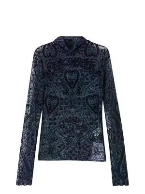 Off-White High Neck Mesh Top With Velvet-effect Pattern - Blue