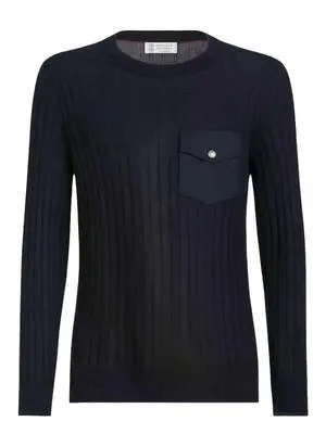 Brunello Cucinelli Cashmere And Silk Ribbed Crew Neck Sweater With Chest Pocket - Blue