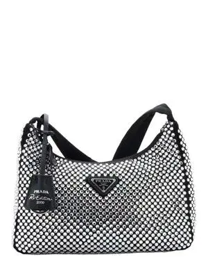 Prada Prada Re-Edition 2000 Crystal Embellished Satin Mini Hobo Bag Black