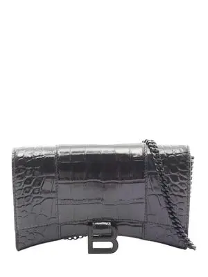 Balenciaga Shiny Calfskin Crocodile Embossed Wallet On Chain Crossbody Bag - Black