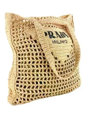 Prada Triangle Logo Open Raffia Tote Bag - Neutrals