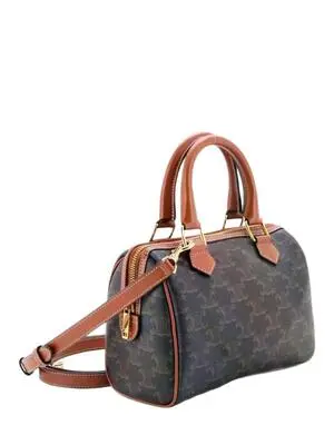 Celine Boston Bag Triomphe Coated Canvas Small Satchel - Brown
