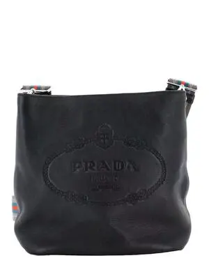 Prada Logo Messenger Bag Vitello Phenix Medium Bucket Bag - Black