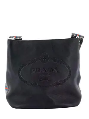 Prada Logo Messenger Bag Vitello Phenix Medium Bucket Bag - Black