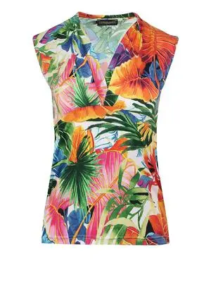 CONQUISTA Print V Neck Jersey Top - Orange