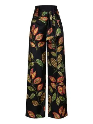 MARIANNA DÉRI Wide-leg Trousers With Leaf Print And Tie Belt - Black