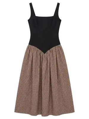 Carmen Says Rove Contrast Bodice Brown Plaid Midi Dress - Black