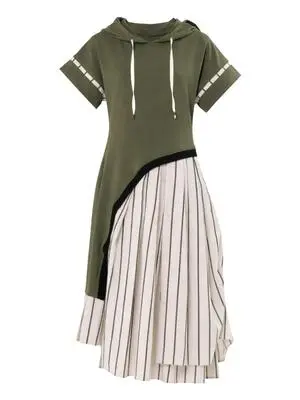 METAMORPHOZA Hooded Asymmetric Dress With Striped Skirt In Khaki - Green
