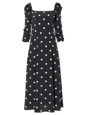 AGGI BY HALEWSKI Amelie Walking Dots Puffed Sleeves Midi Dress - Black