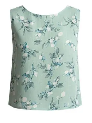 STOVARIA Mint Sleeveless Top In Pure Linen With Soft Floral Print - Green