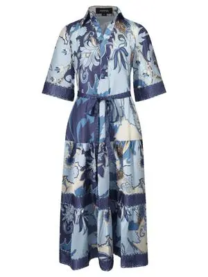 SMART AND JOY Midi Shirt Dress With Artistic Print And Tied Belt - Blue