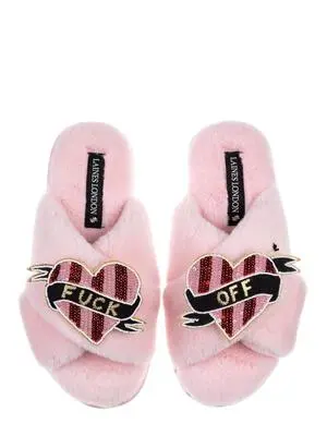 LAINES LONDON Embellished Faux Fur Slippers With Red Stripe Heart Brooches - Pink