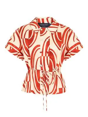 EXQUISE Regular Lace-up Abstract Print Cotton Shirt - Red