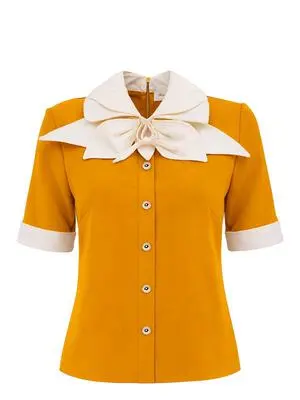 JULIA ALLERT Short Sleeve Formal Bow Blouse - Mustard Orange
