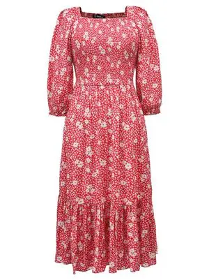 SMART AND JOY Smocks Fla Dress With Flower Print - Red