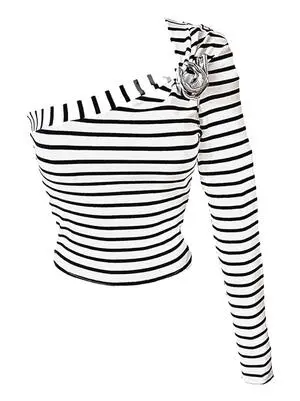 LONDON ATELIER BYPRODUCT Striped One Sleeve Top With Brooch - White