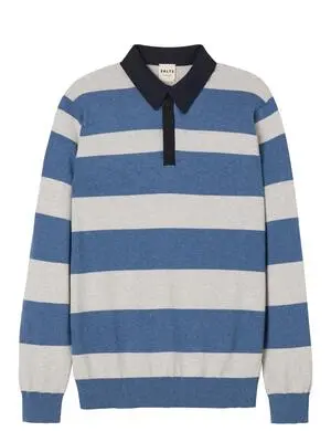 SALTS CASHMERE Long Sleeved Rugby Stripe Polo Shirt Denim Blue & Silver - Blue/gray