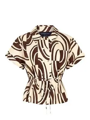 EXQUISE Regular Lace-up Abstract Print Cotton Shirt - Brown