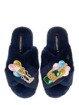 LAINES LONDON Classic Laines Slippers With Birthday Bubbles Brooches Navy - Blue