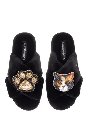 LAINES LONDON Classic Slippers With Embellished Cat And Paw Brooches - Black