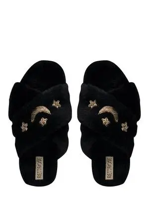 RETTROSE Isabel Luxury Plush Diamanté Embellished Handmade Slipper - Black