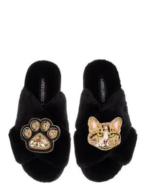 LAINES LONDON Classic Slippers With Cat And Paw Brooches - Black