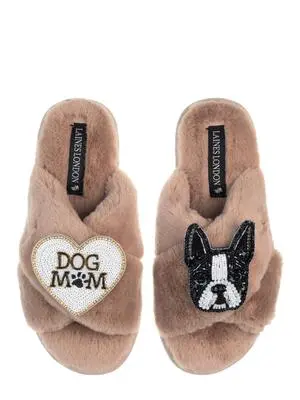 LAINES LONDON Classic Laines Slippers With Buddy The Boston Terrier & Dog Mum / Mom Brooches Toffee - Brown