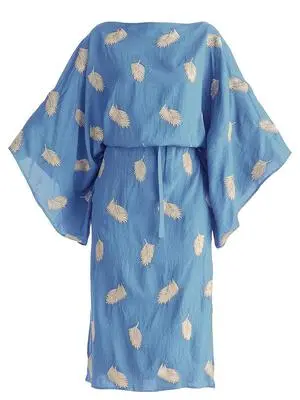 PAISIE Leaf Embroidered Kimono Sleeve Midi Dress - Blue