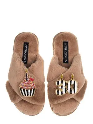 LAINES LONDON Classic Faux Fur Slippers With Cupcake And '30' Brooches - Brown