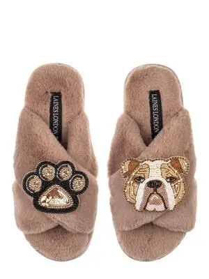 LAINES LONDON Classic Laines Slippers With Mr Beefy The Bulldog & Paw Brooches Toffee - Brown