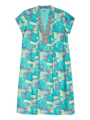 NIZA Geometric Print V-neck Dress - Blue