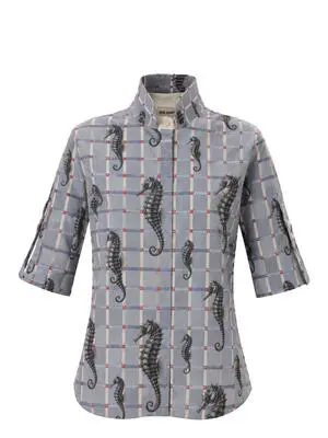 JULIA ALLERT Stand Collar Short Sleeve Blouse Pale Seahorse Check Print - Blue