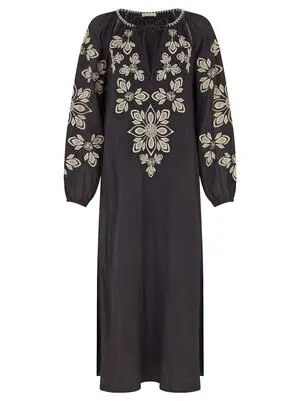 RAFFYA Aurelia Kaftan Style Embroidered Maxi Dress - Black
