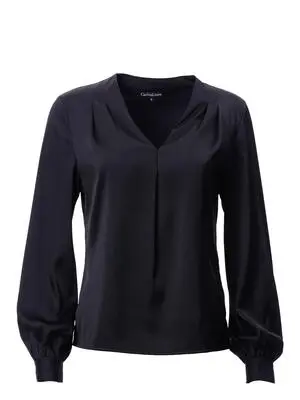 CARLOSLINES V-neck Pleat Detail Balloon Long Sleeve Blouse - Black