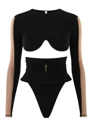 ROOM 24 Dorina Bodysuit With Mesh Sleeves And Belted Waist - Black