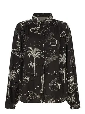 RAFFYA Palm Button Down Palm Print Shirt - Black