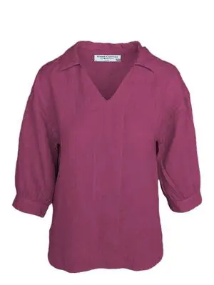 Haris Cotton Linen V-neck Blouse With Collar And Three Quarters Sleeves Tulip - Purple