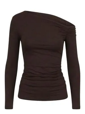 MONLICIA Asymmetric Off-shoulder Long Sleeve Stretch Lune Top - Brown