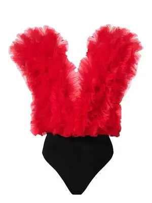 LIA ARAM Signature Ruffled Tulle Bodysuit - Red