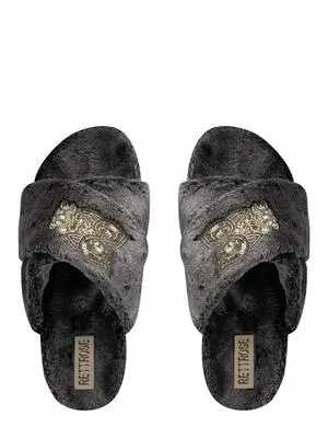 RETTROSE Georgia Charcoal Luxury Plush Diamanté Embellished Handmade Slipper - Grey