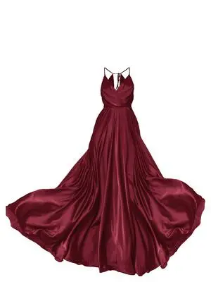 ANGELIKA JOZEFCZYK Burgundy Satin Long Evening Dress Tied Back - Red
