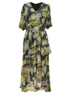 SMART AND JOY Linear Flower Print Plunging Hem Dress - Black